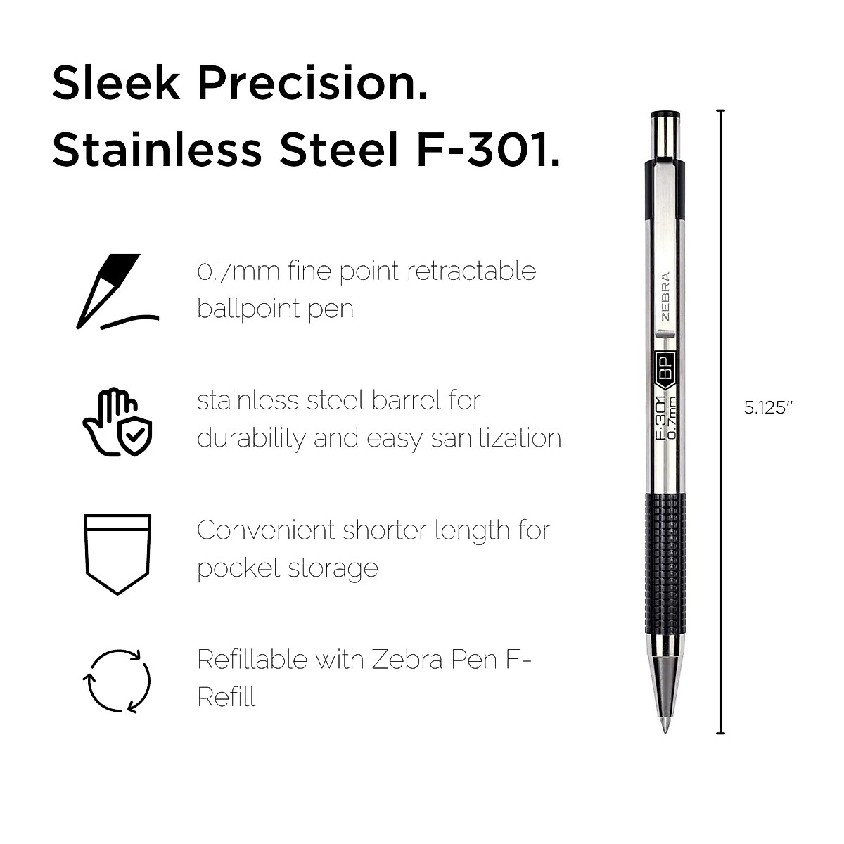 Zebra Pen F-301 Retractable Ballpoint Pen, Stainless Steel Barrel, Fine Point, 0.7mm, Black Ink, 4-Pack (Packaging May Vary)