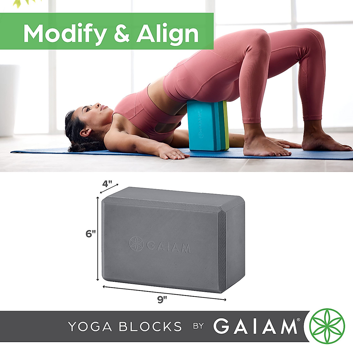 Gaiam Yoga Block - Supportive Latex-Free Eva Foam - Soft Non-Slip Surface with Beveled Edges for Yoga, Pilates, Meditation - Yoga Accessories for Stability, Balance, Deepen Stretches (Cool Mint)