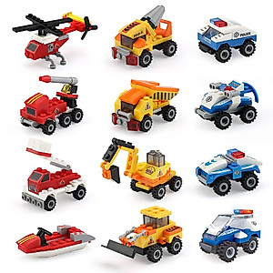 Mini Building Blocks Cars Toys Sets 12 Packs Assembly Mini Cars Toys for Boys, Girls Stem Building Car Assorted Construction Truck Fire Trucks Police Cars Party Favor Goodie Bags for Kids.