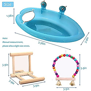Bird Bathtub with Mirror 3 Packs, Wooden Bird Mirror Perch Stand, Colorful Swing Bird Cage Accessories for Budgerigar, Parakeet, Cockatiel, Conure, Lovebird, Cockatoo