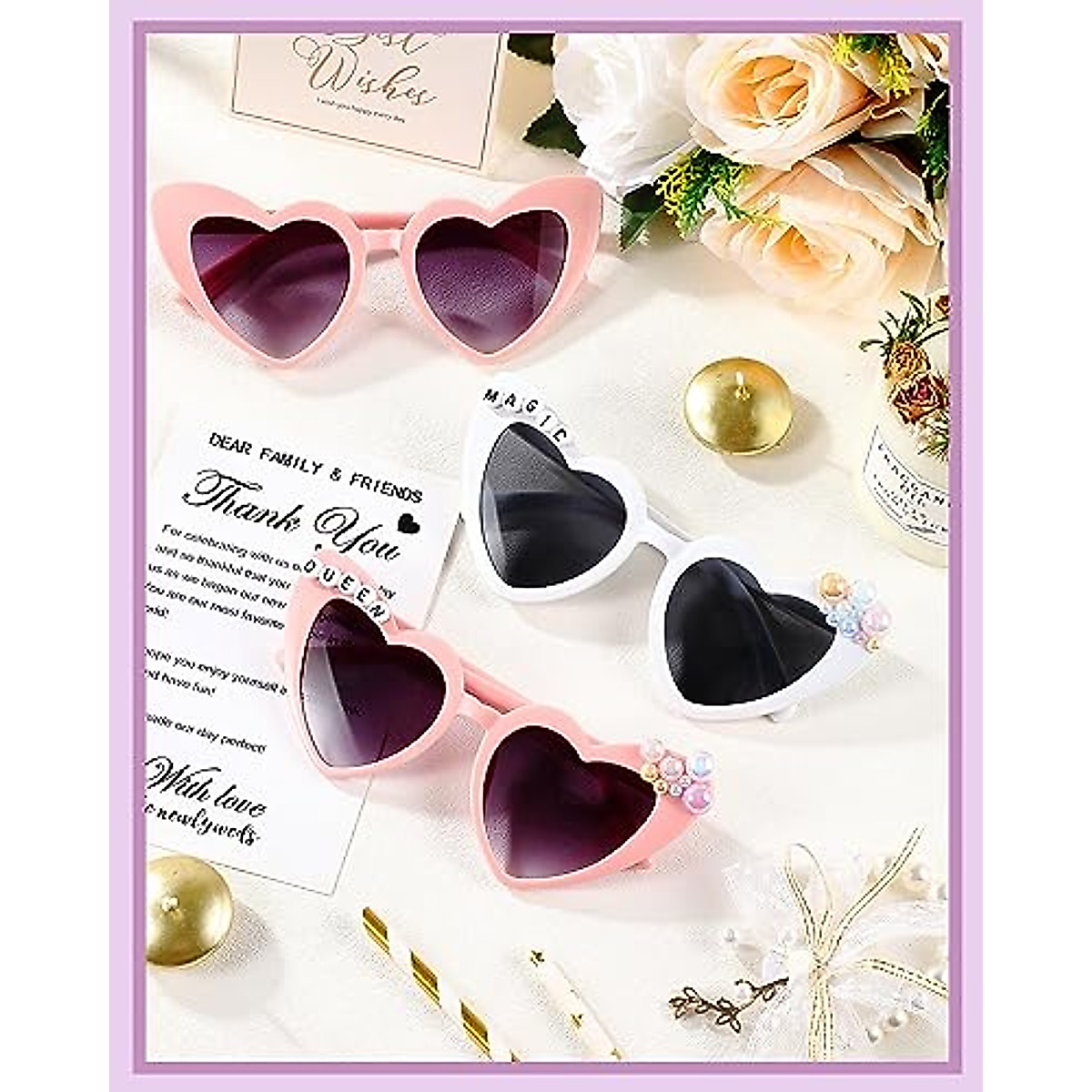 Xuhal 12 Pairs Valentines Day Heart Party Sunglass Bulk Bachelorette Glasses with DIY Letter Bead Pearl for Wedding Party(White, Pink)