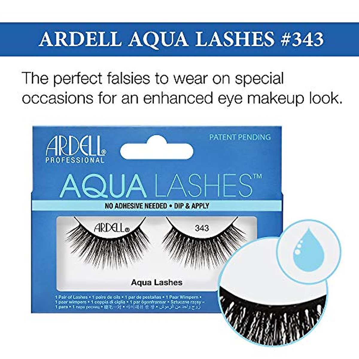 Ardell Aqua False Strip Lashes 343, Reusable, Lightweight, Water Activated Falsies, No Lash Glue Required, 4 Pack