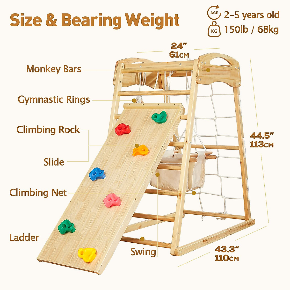 FUNLIO 7-in-1 Wood Indoor Playground for Toddlers 2-5, Montessori Climbing Toys with Solid Pine Wood, Indoor Jungle Gym for Kids with Swing/Slide/Climbing Rock/Net/Ladder/Monkey Bars/Gymnastic Rings