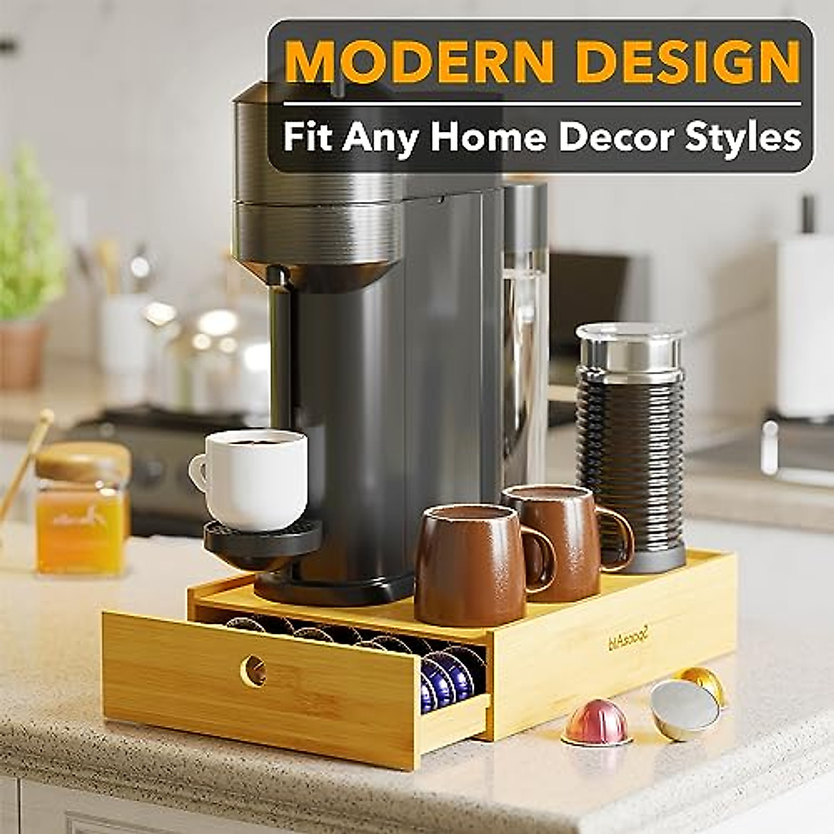 SpaceAid Bamboo Coffee Pod Holder Drawer Storage for Nespresso Vertuo Capsule, Pods Holder Organizer Tray for Nespresso Vertuo Holders, Compatible with 40 Big or 56 Small Vertuoline Pods (Natural)