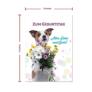 Burg Street Creations German Birthday Card - Zum Geburtstag Alles Liebe und Gute (Dog Holding Bouquet of Flowers)