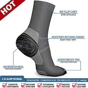 CHARMKING 6 Pairs Crew Compression Socks for Women & Men Circulation 15-20 mmHg is Best for All Day Wear Running Nurse (S/M, Grey Grey)