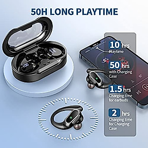 Wireless Earbuds Headphones Bluetooth 5.3, 50Hrs Playtime with LED Display, Over Ear Buds Noise Cancelling Mic, Stereo Bass Bluetooth Earbuds with Earhooks, IP7 Waterproof Earphones for Sports Workout