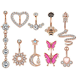 NICEIGHT 9PCS Stainless Steel Belly Button Rings Dangle Belly Rings for Women Heart Moon Snake Flower Navel Rings Body Jewelry Piercing Rose Gold