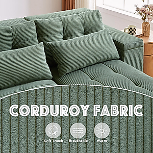 UPYOOE Modular Sectional Sofa, Convertible 3 in 1 Sleeper Sofa Bed with 4 Storage Space, King Size Pull Out Bed, 77''-111'' Wide Sectional Couch, Loveseat Sofa Chaise for Living Room, Corduroy Green