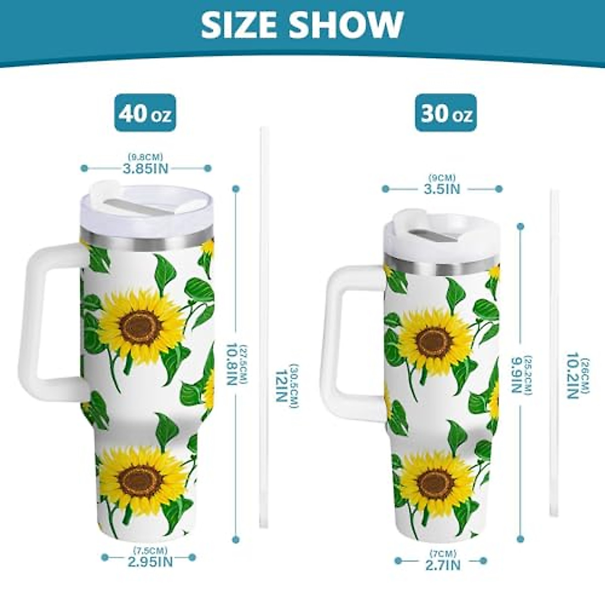RPLIFE Bright Sunflowers Green Leaves 40 Oz Tumbler with Handle and Straw, Stainless Steel Water Bottle with Straw, Tumbler for Men