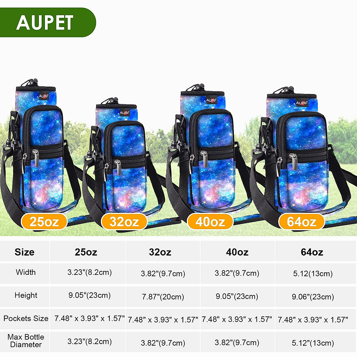 AUPET Water Bottle Sling Bag Sleeve Holder Carrier 25/32/40/64 oz,Insulated Crossbody Water Bottle Case Cover with Strap and Pockets for Men/Women Walking Hiking Camping (25oz, blue starry sky)