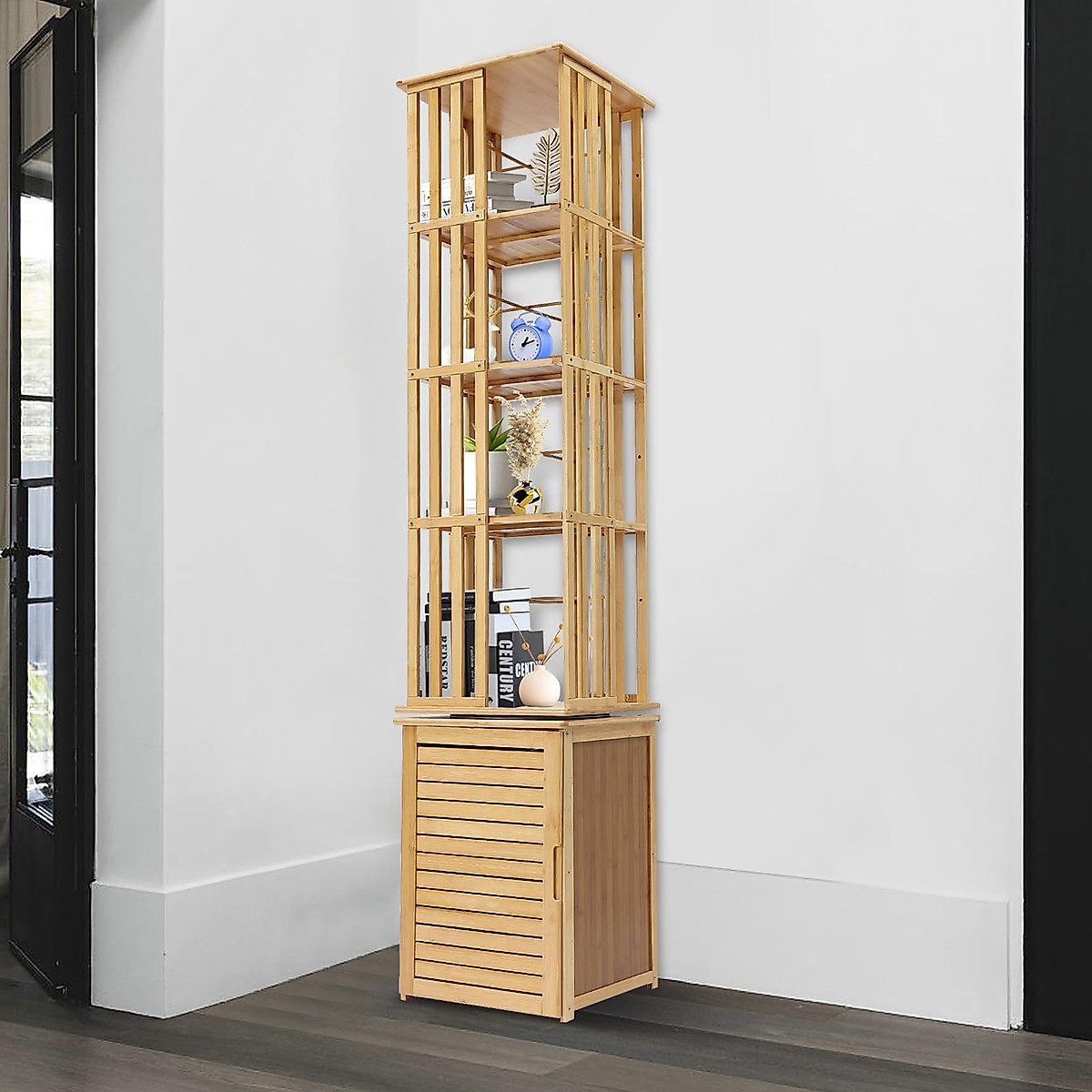 SHOUMANUAL Bamboo Rotating Bookshelf, 6-Tier Bookcase with Storage Cabinet & Doors, 360° Revolving Narrow Storage Display Rack Standing Shelves for Living Room Study Room Office, Natural