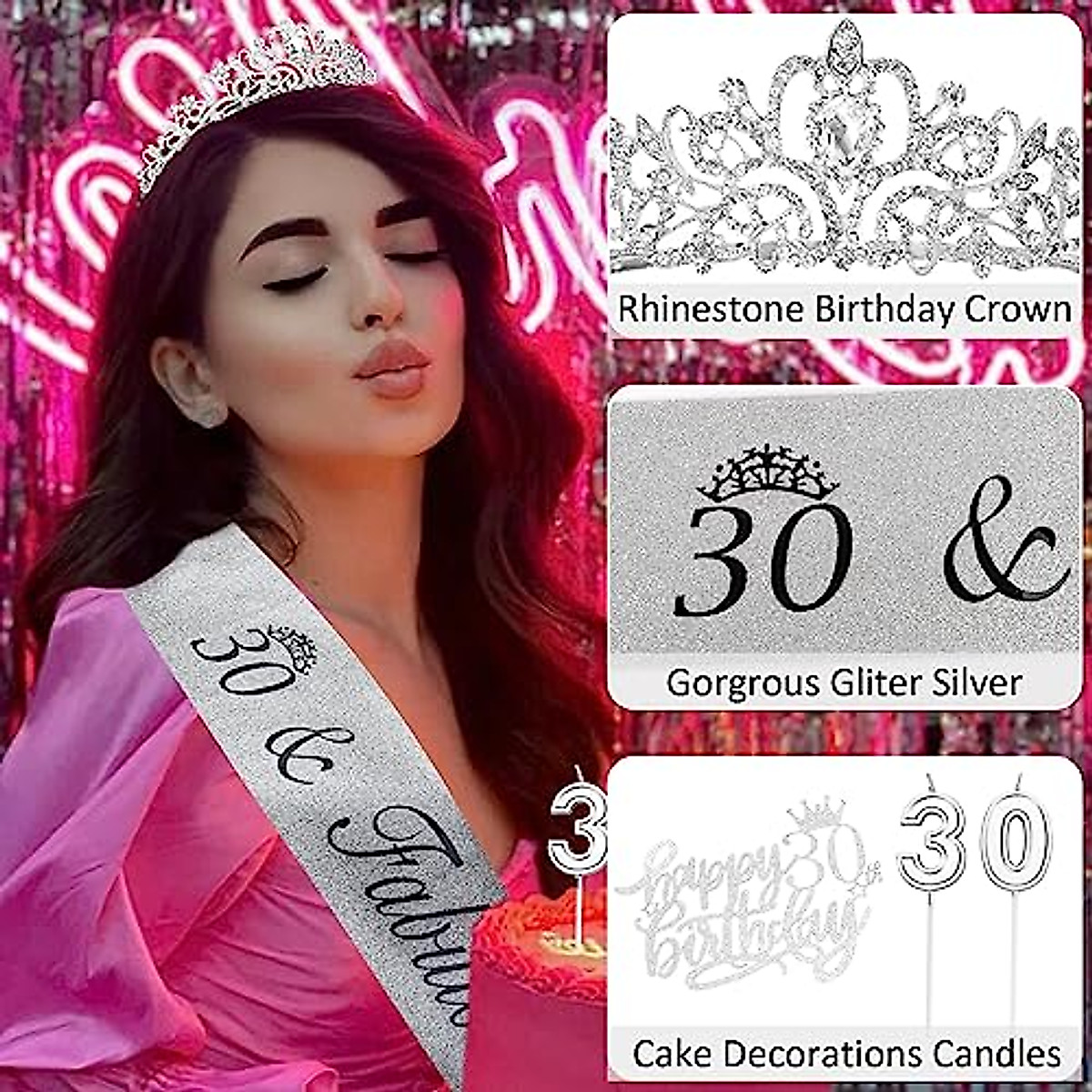Hapdoo 30th Birthday Decorations women, Including 30th Birthday Rhinestone Crown Tiara, 30&Fabulous Sash with Pearl Pin, Happy Birthday Cake Topper and Number Candles, 30th Birthday Gifts for women, Silver