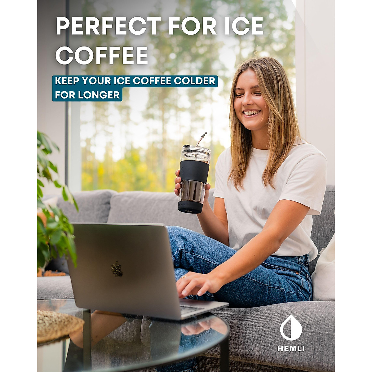 Hemli 19 oz. Clear Double Wall Glass Coffee Tumbler, To Go Glass Travel Mug with Lid, Portable Glass Thermos with Straw, Reusable Cup for Coffee, Tea, Smoothies, Ice Coffee, and Boba (Black)