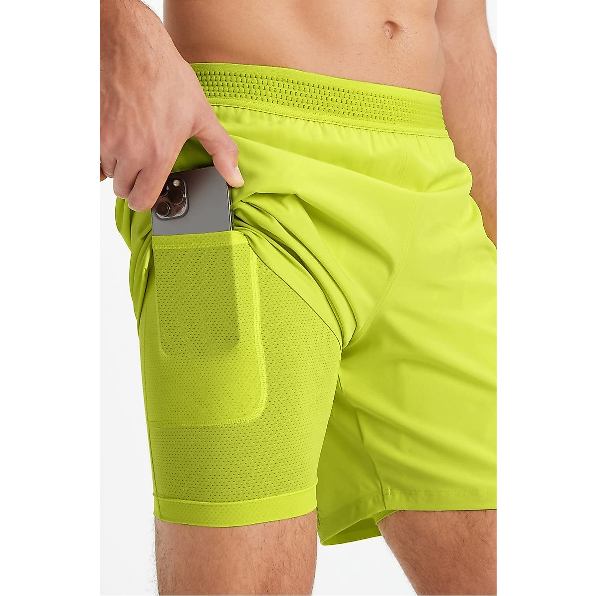 Fabletics Men's The Fundamental Short (Lined), Workout, Running, Training, Gym, Yoga, Ultra Lightweight, Athletic, 7" Inseam, XL, Zest