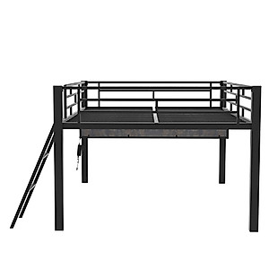 HZSSDTKJ Full Size Mid Metal Loft Gaming Bed with Desk and LED Lights, Modern Steel Loft Bed Frame with Inclined Ladder and Safety Guardrail for Kids Teens Girls Boys, Easy Assemble (Black-08, Full)