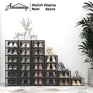Amassage 12 Pack Boxes for Shoe Storage Clear Plastic Stackable,Organizer for Closet, Space-Saving Containers Bins (Black)