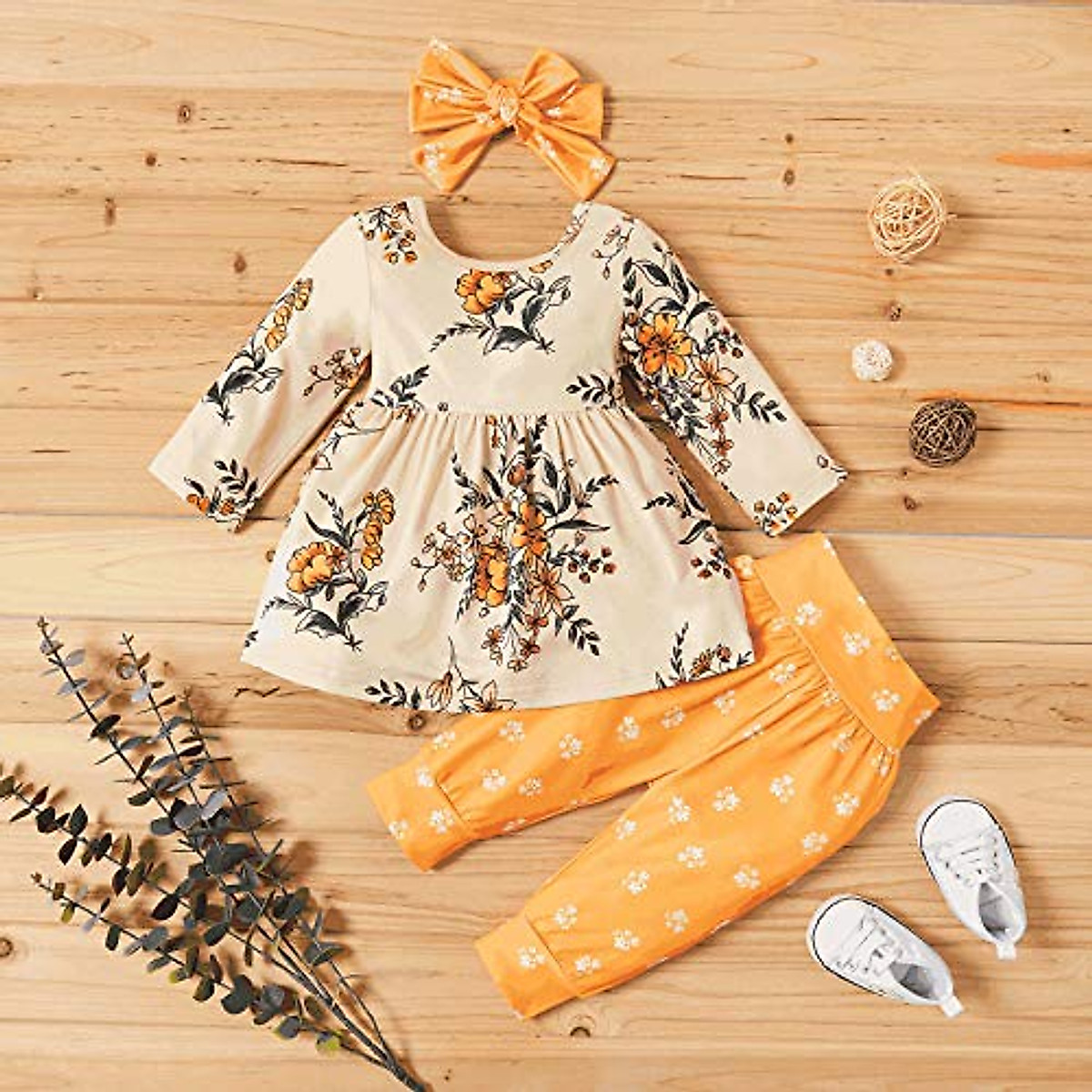 Yoveme Toddler Girl Clothes Baby Girl Outfit Sweet Floral Ruffle Long SleeveTop and Floral Pants 3PC Fall Clothes Set(2-3T)