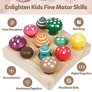 NAODONGLI Wooden Montessori Toys for Toddler,Educational Toys for 3 Year Old,STEM Toys Mushroom Harvest Game,Learing Shape Sorting & Number Matching,First Birthday Gifts for Kids Boys Girls