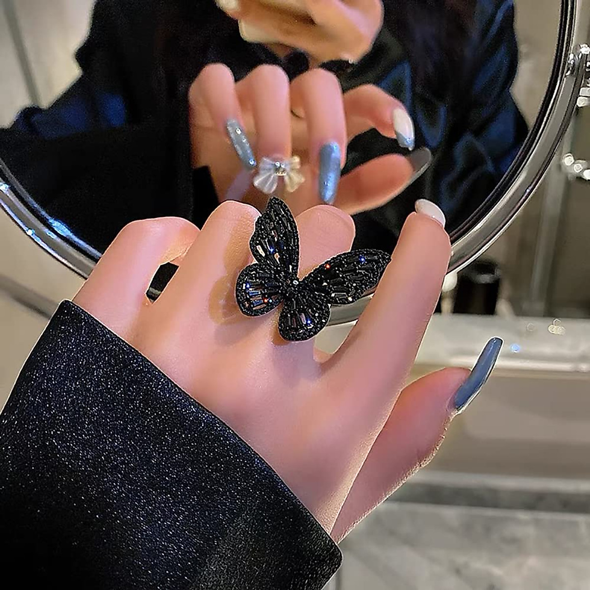 GELVTIC Rhinestone Butterfly Ring for Women Adjustable Cubic Zirconia Cocktail Gold Ring Sparkling Crystal Silver Open Wrap Statement Ring Mother Birthstone Rings Bridesmaids Wedding Jewelry