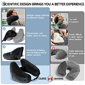 Neck Pillow for Travel Inflatable Airplane Pillow Comfortably Supports Head, Neck and Chin, Inflatable Travel Pillow with Soft Velour Cover and Portable Drawstring Bag (Black)