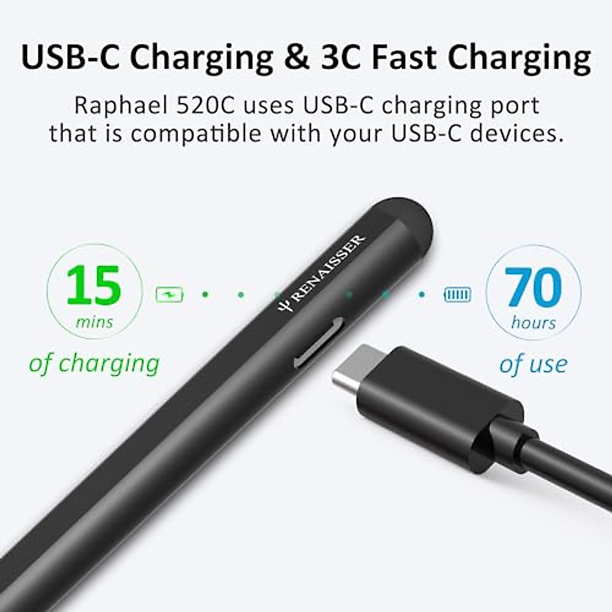 RENAISSER Taiwan Raphael 520C Stylus Pen for Surface, USB-C Charging, Designed in Houston, Made in Taiwan, 4096 Pressure Sensitivity, Match Surface Pro 10& Pro 9/Laptop 6, Magnetic Attachment