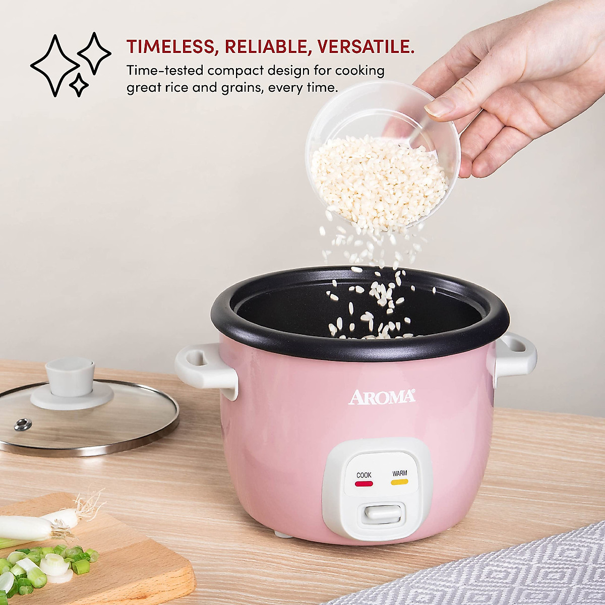 Aroma Housewares 4-Cups (Cooked) / 1Qt. Rice & Grain Cooker (ARC-302NGP), Pink & Aroma 6-cup (cooked) 1.5 Qt. One Touch Rice Cooker, White (ARC-363NG), 6 cup cooked/ 3 cup uncook/ 1.5 Qt.