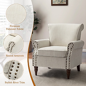 HULALA HOME Modern Accent Chair with Wooden Legs & Nailhead Trim, Small Fabric Club Chair, Comfy Upholstered Armchair Lounge Chair for Bedroom Living Room Single Sofa(Ivory)