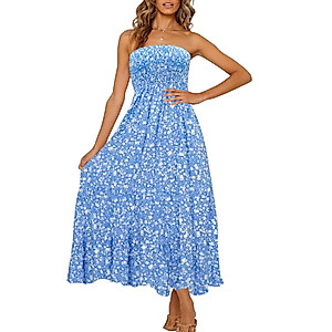 ZESICA Women's Summer Bohemian Floral Printed Strapless Beach Party Long Maxi Dress,Blue,Large