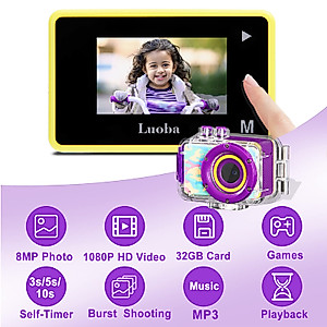 Luoba Kids Camera Waterproof Toddler Digital Camera for Kids 3 4 5 6 7 8 Year Old Children Underwater Cameras Toys Age 3-8 Girls Boys Birthday Gifts Mini HD Sport Recorder with 32GB Card(Purple)