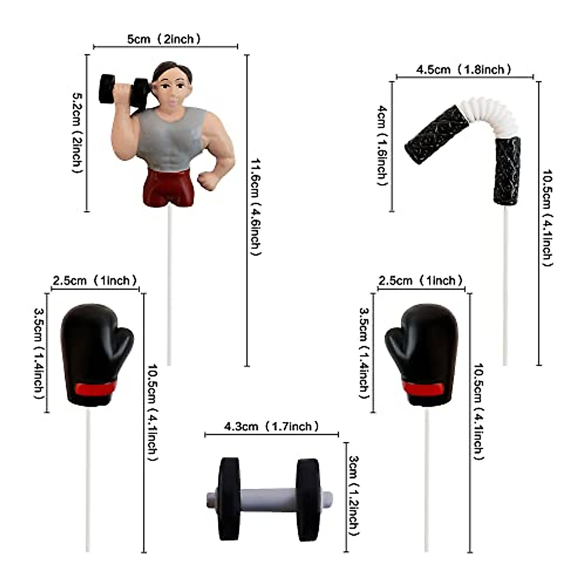 Ercadio 5 Pack Resin 3D Weight Lifting Workout Cake Toppers with Barbell Boxing Gloves Nunchaku Cake Picks Bodybuilding Cake Decor Fitness Gym Theme Cake Toppers for Birthday Party Supplies