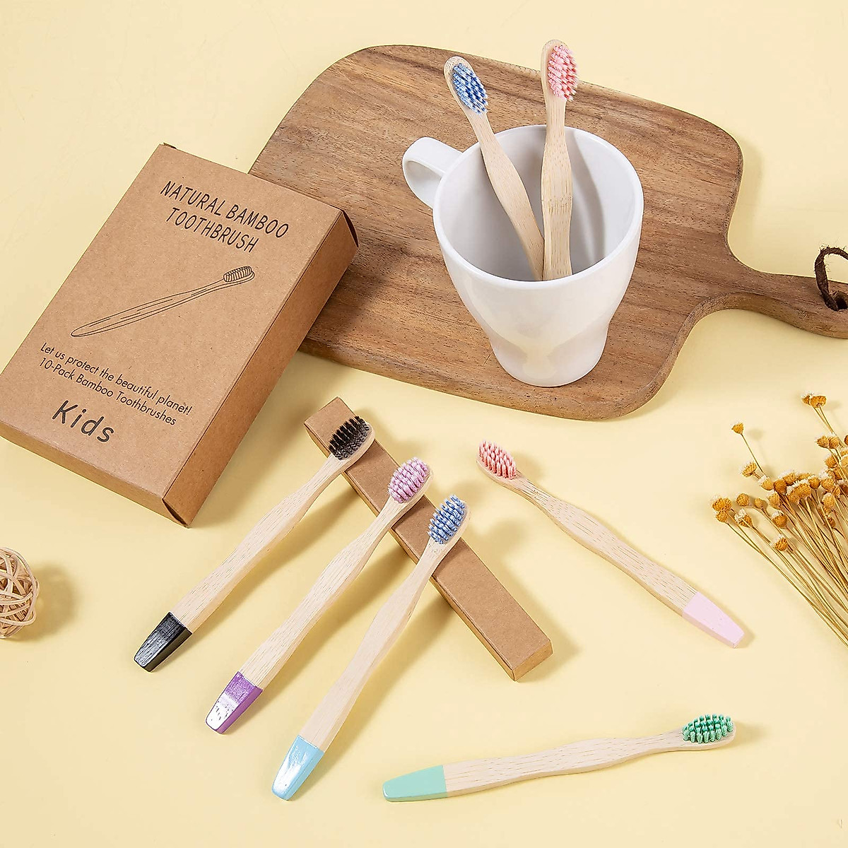 10 Pack Toddler Bamboo Toothbrushes, Extra Soft Color Spiral Bristle Suitable for Age 3+ Kids, Biodegradable Natural Wooden Toothbrush