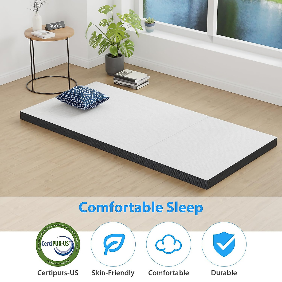 3 inch Memory Foam Tri Folding Mattress/Portable Foldable Mattress Topper with Washable Cover Non-Slip Bottom for Camping, Guest, Floor RV, CertiPUR-US Certified,Twin