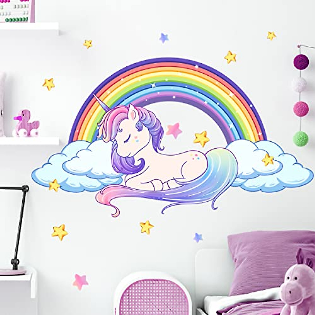 Unicorn Wall Decals Art Rainbow Wall Decals Waterproof Unicorn Wall Stickers with Star Cloud Peel and Stick Rainbow Stickers for Girls Kids Bedroom Nursery Playroom Decor (Unicorn)