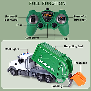 Hiitytin 2.4ghz Remote Control Garbage Truck Toys, 1:24 RC Recycling Trash Truck with Rechargeable Batteries, 6 Channel Rc Waste Management Garbage Truck & with Lights Gift for Kids Boys Girls 3+