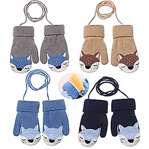 Baby Toddler Boys Girls Cute Winter Warm Fleece Fox Mittens Gloves with String Novelty Christmas Gifts (6months-3years, A pack of 4 pairs)