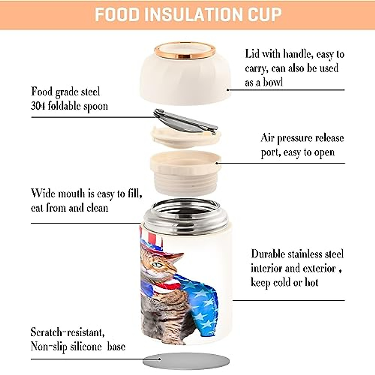 CUPADA Patriotic Cat Food Jar, 4th Of July Insulated Hot Food Jars Vacuum 17OZ with Folding Spoon for Work Trip Picnic Camping