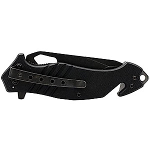 LA Police Gear LAPG EDC Folding Knife, Tactical Flipper Pocket Knife, Survival Knife With Seatbelt Cutter & Glass Breaker, Black Serrated/Black Handle