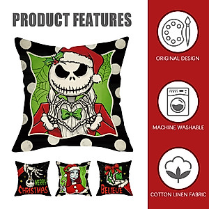Fahrendom Merry Christmas Believe Decorative Throw Pillow Covers 18x18 Set of 4, Xmas Gift Black Green Patio Porch Outdoor Pillowcase, Polka Dots Jack Skellington Sally Winter Cushion Case Home Decor
