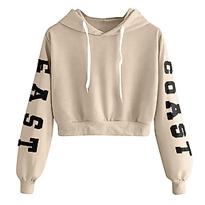 Bblulu Women's Letter Print Sweatshirt Raw Hem Drawstring Crop Top Hoodie Solid Color Pullover Hooded Sweatshirts