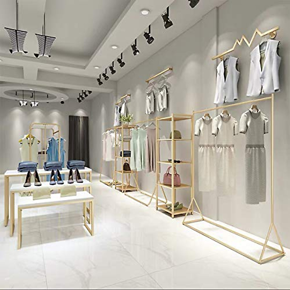 FURVOKIA Clothing Retail Heavy Duty Metal Display Rack,Floor-Standing Shoe Bag Plant Jewelry Shelves,Home Kitchen Bedroom Bathroom Office Storage Shelf (Gold Square Tube, 5-Tier)