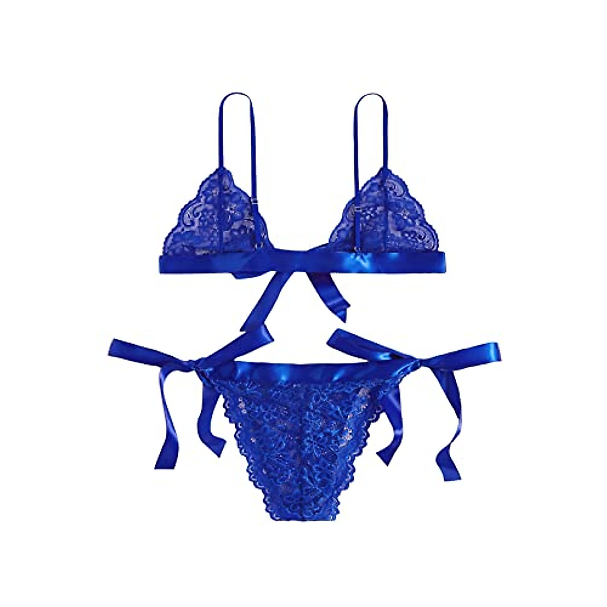 SweatyRocks Women's Sexy Floral Lace Scalloped Trim Self Tie Panty Mesh Lingerie Set Dark Blue Small