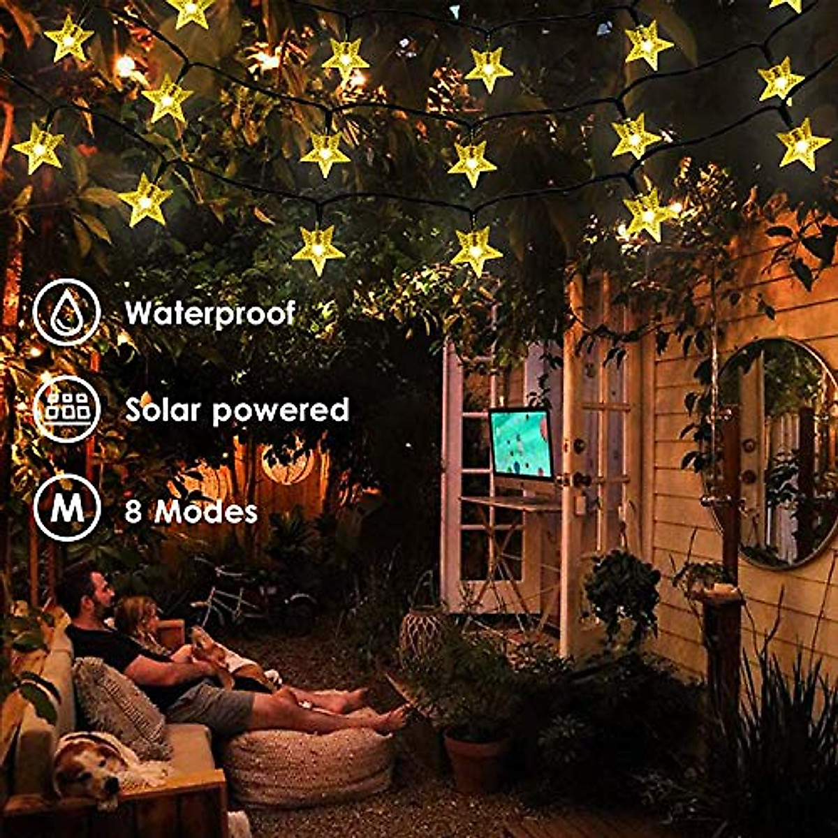 2-Pack Each 40FT Star Solar String Lights Outdoor Ramadan Decorations, 200 LED Solar Outdoor Lights with 8 Lighting Modes, Star Ramadan Lights for Tree Garden Patio Party Decorations (Warm White)