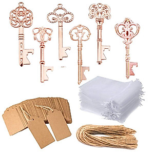 Awtlife 50 Pcs Rustic Vintage Skeleton Key Bottle Opener with Tag Cards Sheer Bag for Wedding Party Favors 5 Style Gold Rose