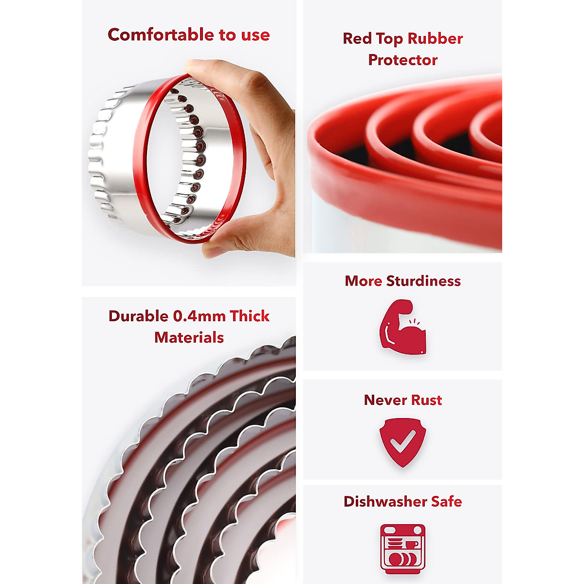 COOKIEQUE 4-Pieces Fluted Round Cookie Cutters, Metal Circle Biscuit Cutters Set, Wave Cookies Cutter with Fluted Edge, Unique Design with Protective Red Top PVC