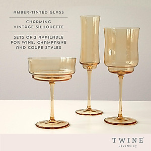 Twine Tulip Coupe Glasses, Gold Amber Tinted Drinking Stemmed Cocktail Tumblers or Wine Cups, Yellow Brown, 9 Oz, Set of 2