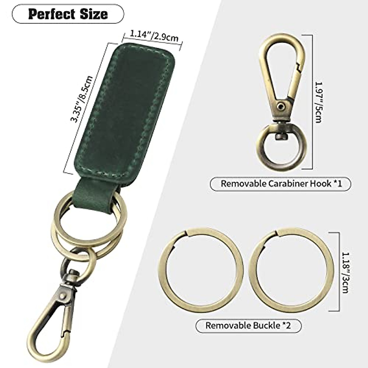 Jack&Chris Genuine Leather Car Keychain, Universal Key Fob Keychain, Leather Key Chain Holder for Men and Women, 2 Keyrings and Carabiner Clip, JC306-Green