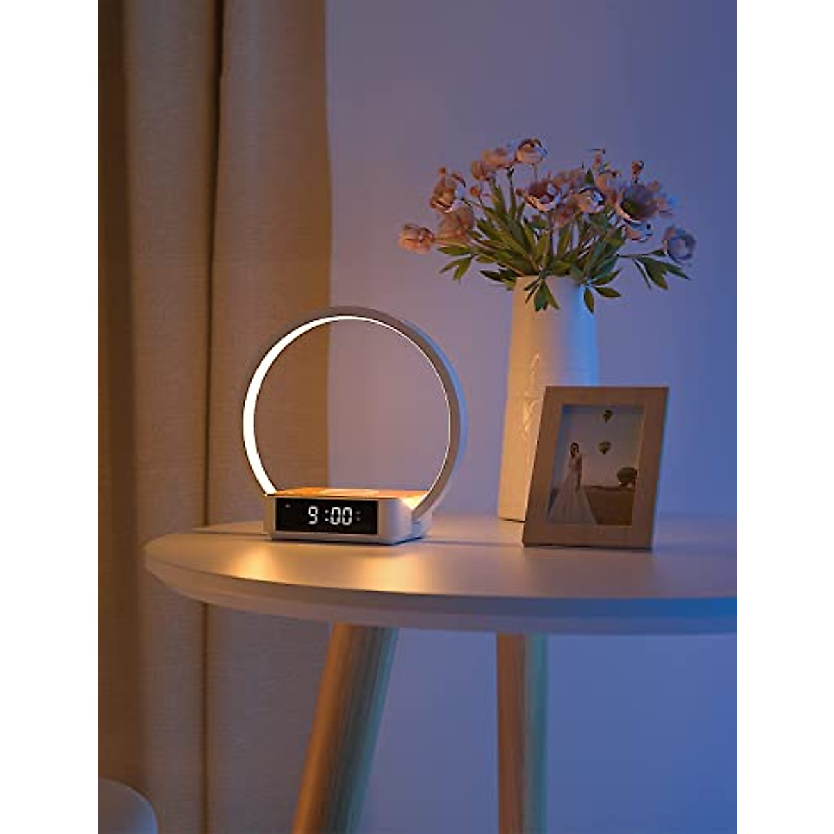 Amouhom Table Lamp, 18W Touch Lamp Alarm Clock with Wireless Charging Wake-Up Light, Digital Sonic 10W Max Qi Charger Nightstand Reading Lamps for Bedside, Reading, Home, Office