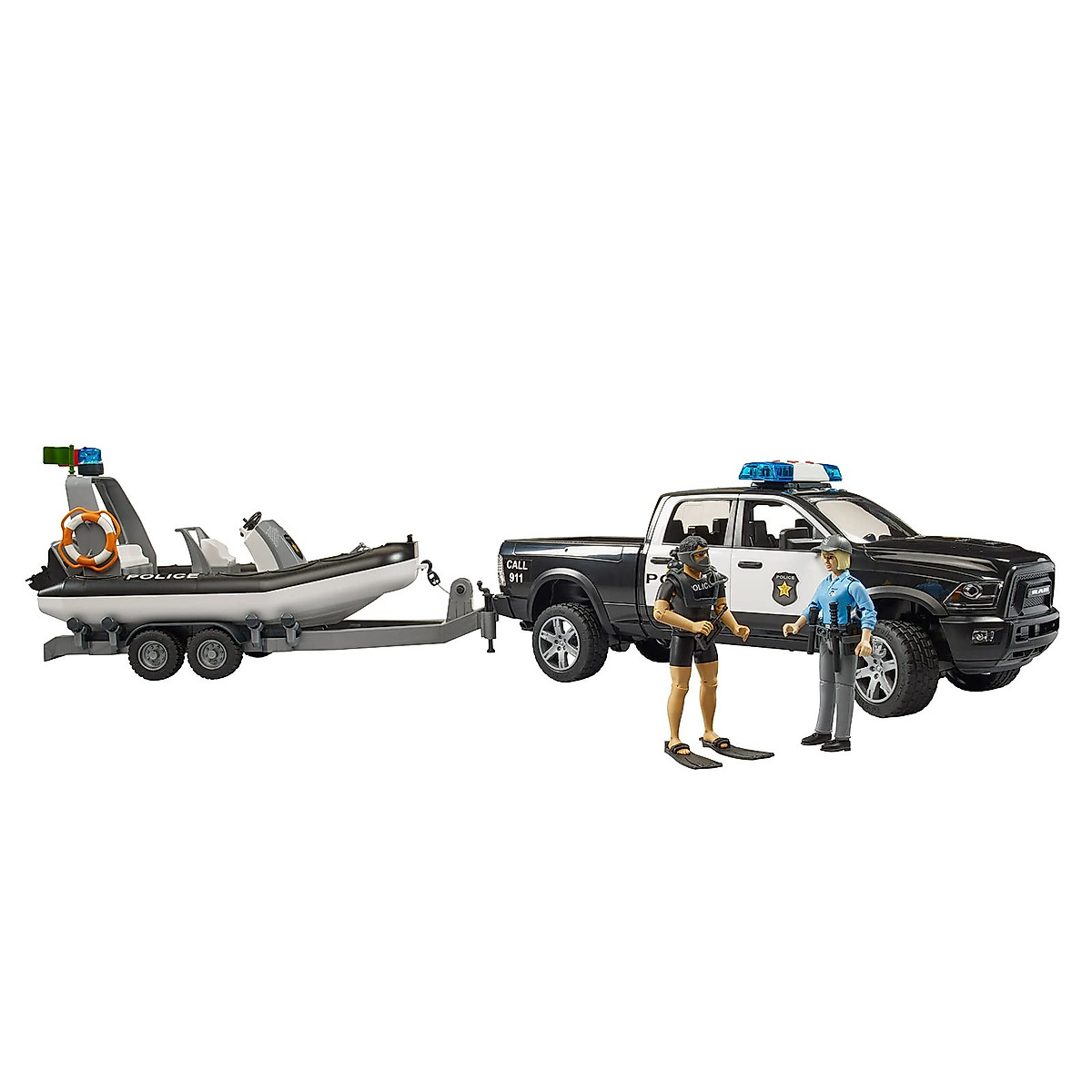 Bruder RAM 2500 Police Pickup with L + S Module Trailer, Boat and 2 Figures