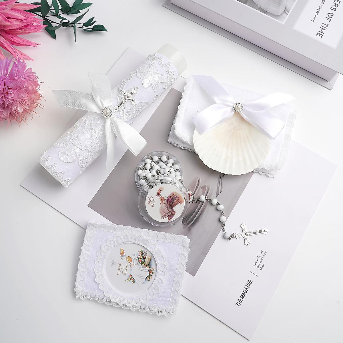 Baptism Candle Set for Boys Girls,5 PCS Baptism Kit Catholic Candle,Baptism Towel,Baptism Shell,Rosary,Bible for Baby Dedication Christening Gift,Velas para Primera Comunión De Niño Bautizo De Niña